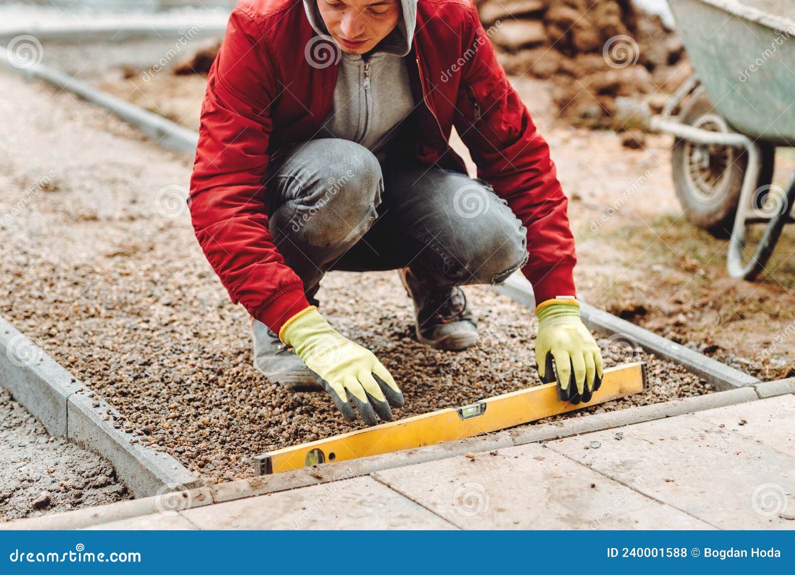 Close Up of Construction Worker Installing and Laying Pavement Stones ...