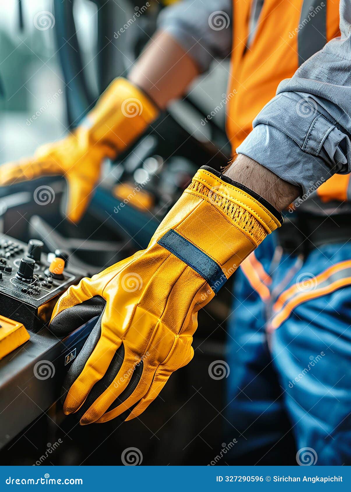 Close-up of a Construction Worker S Gloved Hands on a Machine Control ...