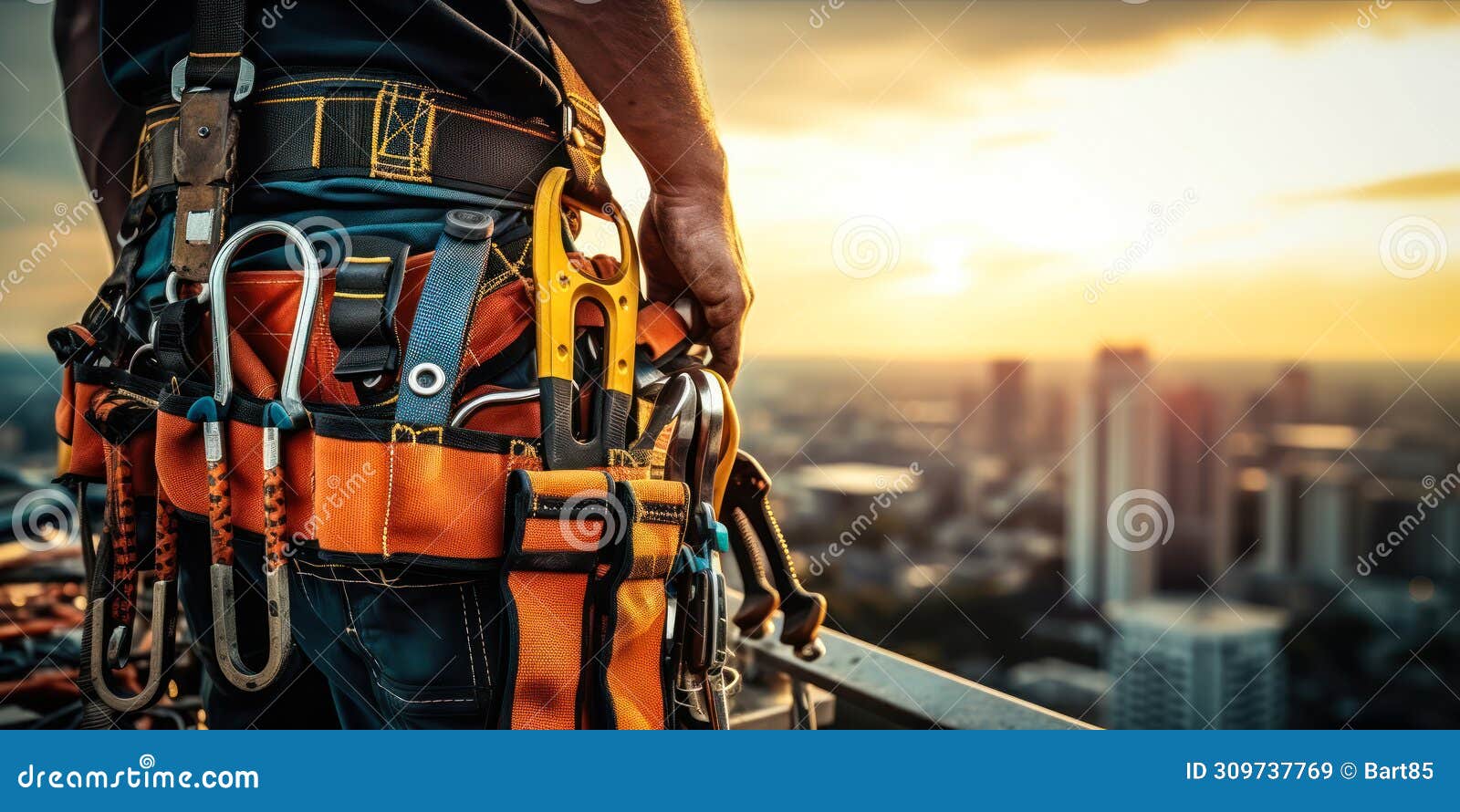Close-up of Construction Workers Tool Belt with Various Tools on a High ...
