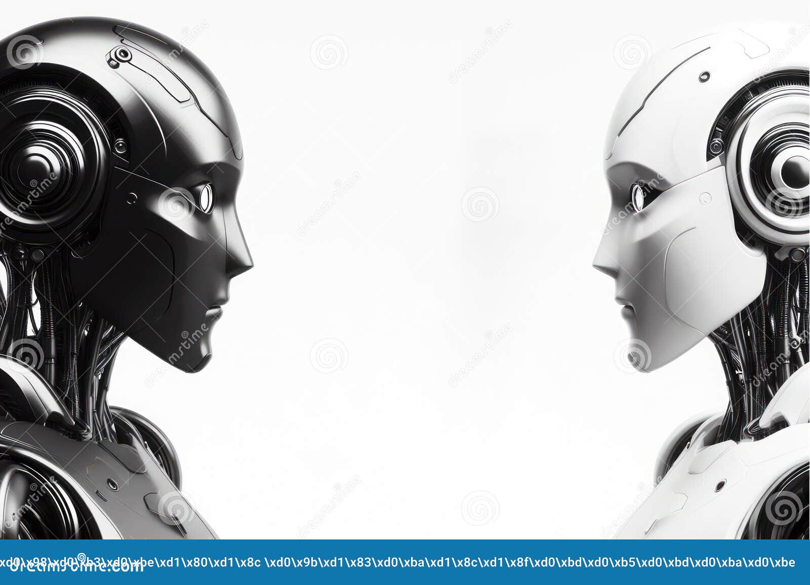 Close Up of Contrasting Black and White Robots Look Each Other on Solid ...