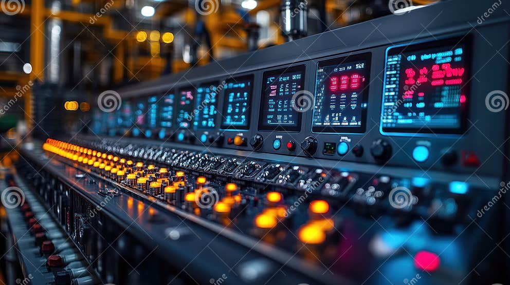 Close-up of a Control Panel with Buttons, Knobs, and Digital Displays ...