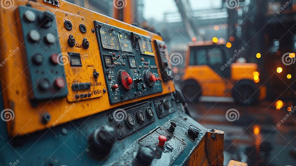 Close Up of a Control Panel in a Factory with a Forklift in the ...