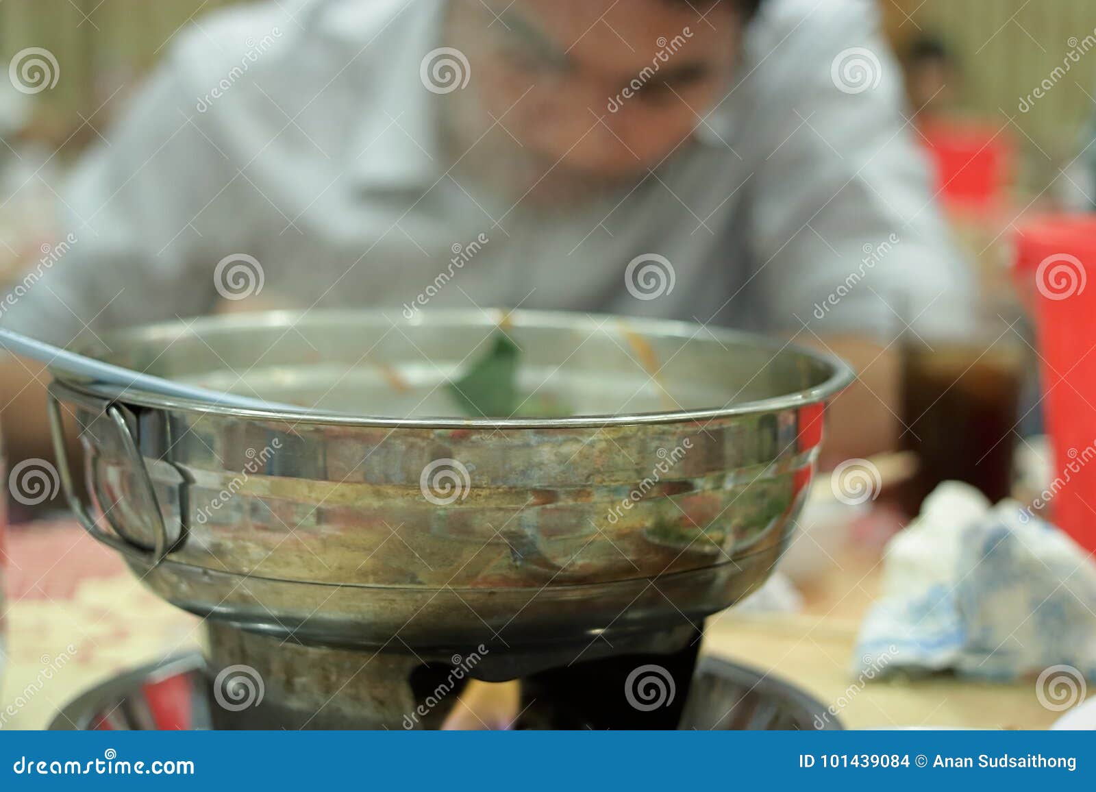 Close Up Cooking Hot Pot with Smoke on Blurred Background. Selective ...