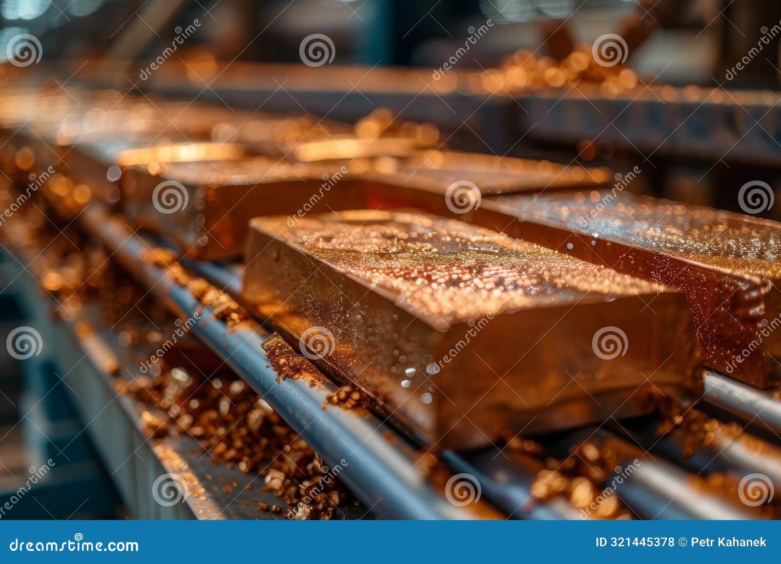 Close-up of Copper Ingots Cooling on a Conveyor Belt in a Copper ...