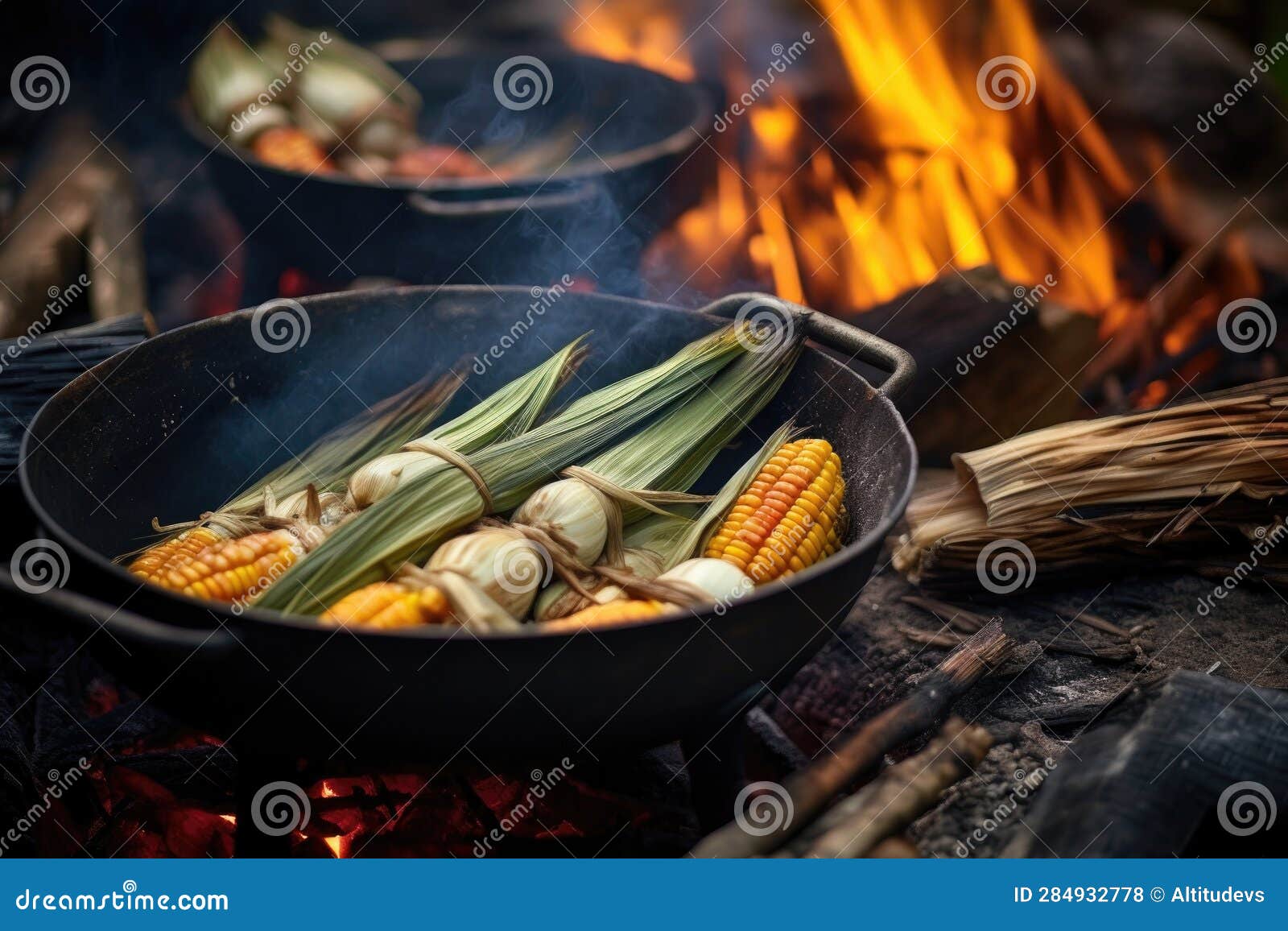 Close-up of Corn in Husks Cooking on Hot Campfire Coals Stock Photo ...