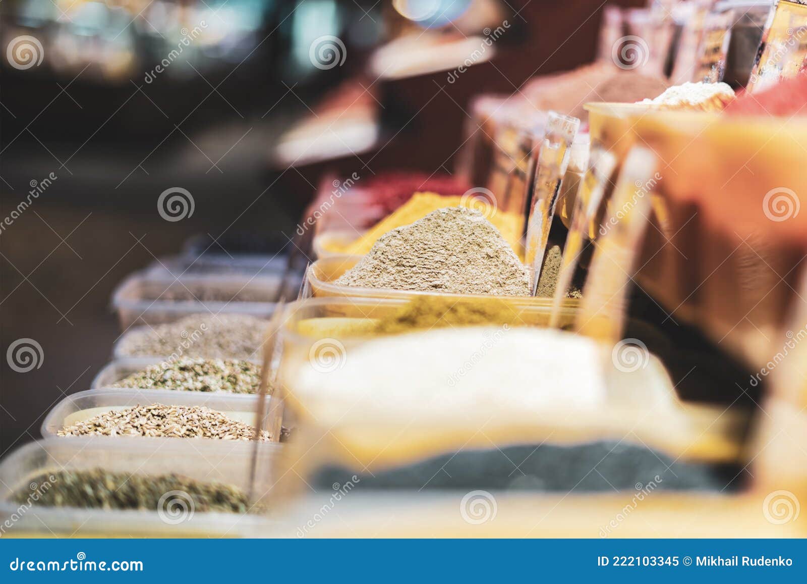Close Up Counter with Various Spices in Supermarket B Stock Image ...