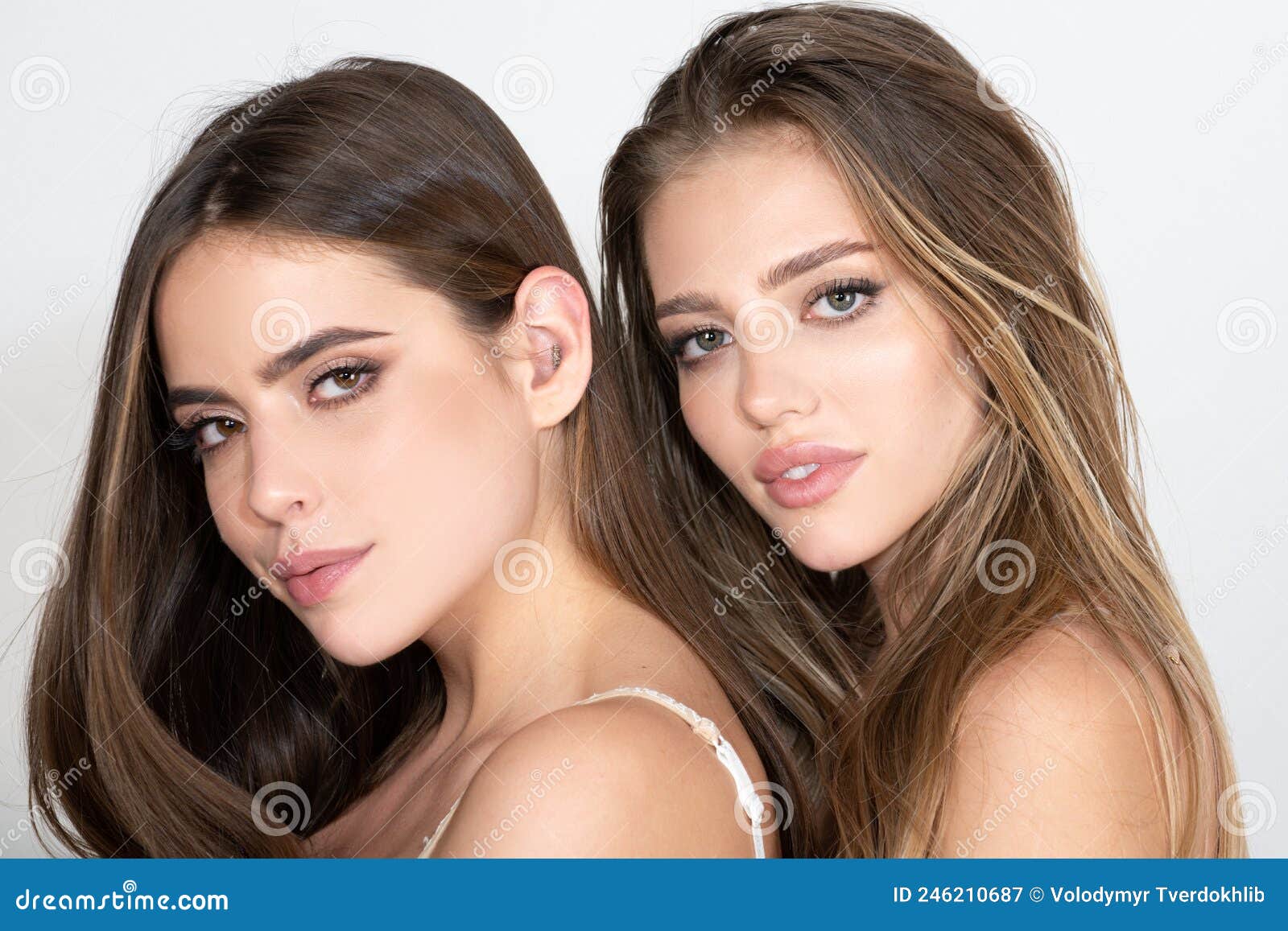 Close Up Of Couple Beautiful Girlfriends Models Two Attractive Sensual