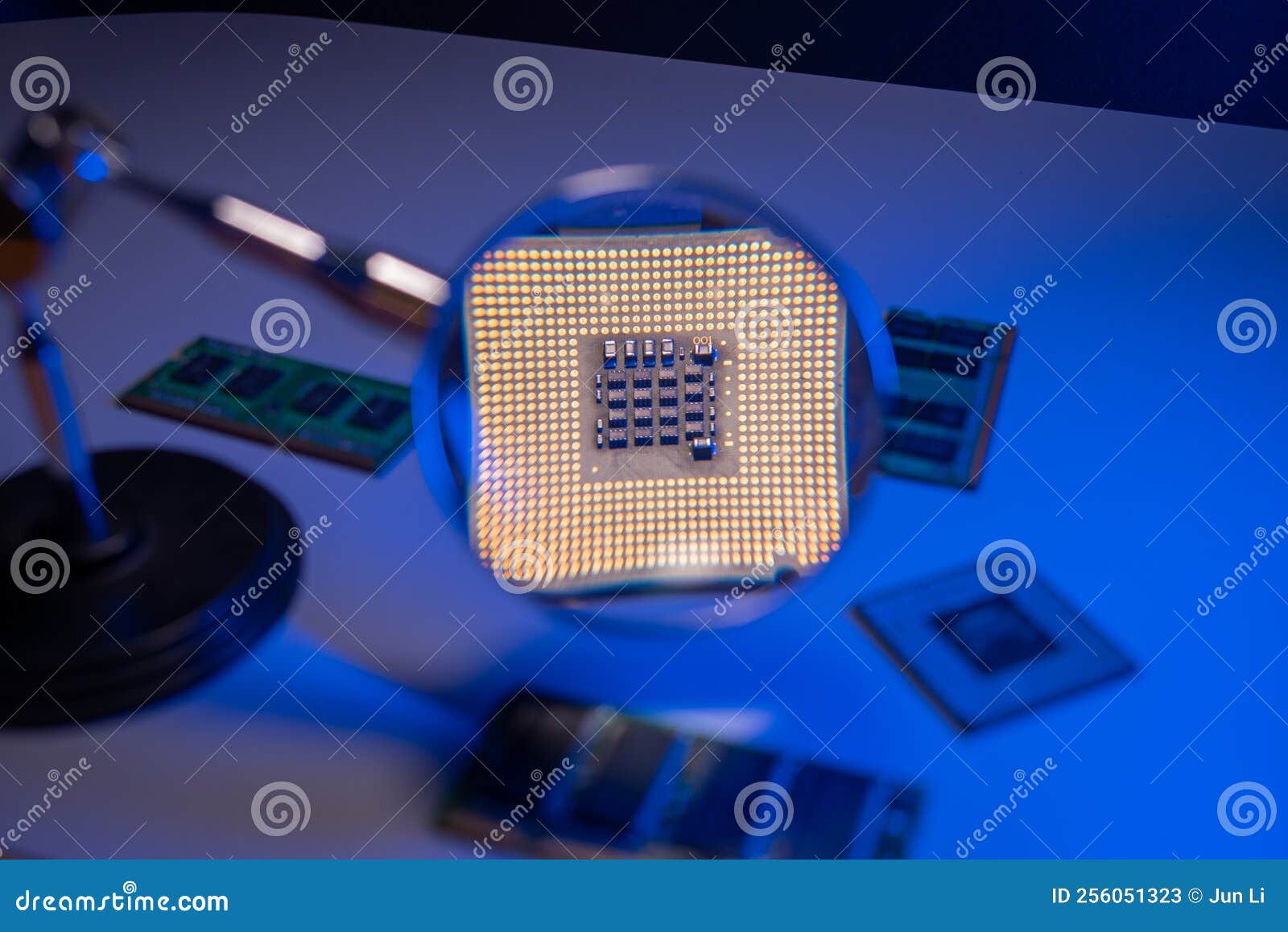 Close Up of CPU on Blue Background Stock Image - Image of electronics ...