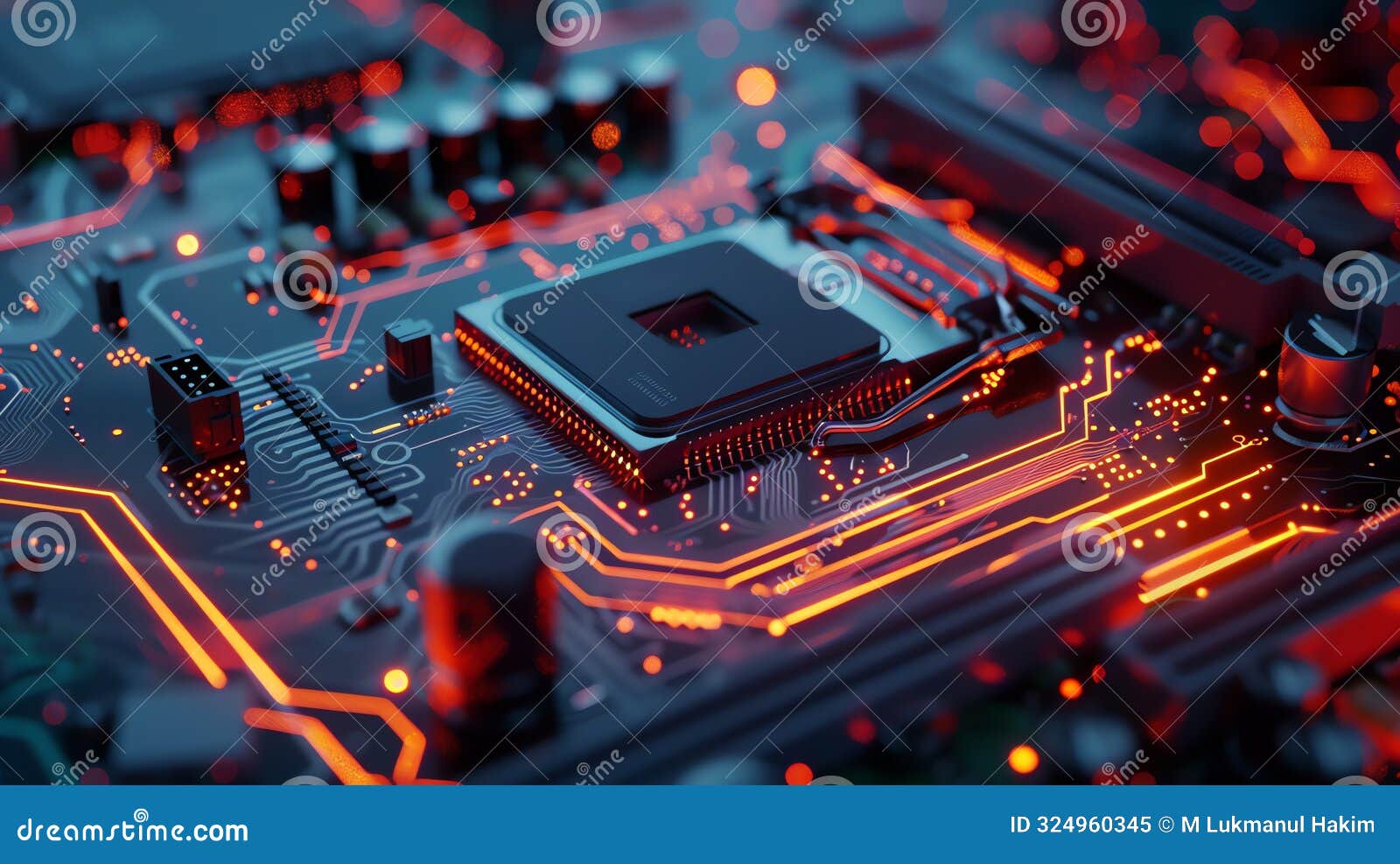 Close Up of CPU Processor with Glowing Circuits on Motherboard. Concept ...