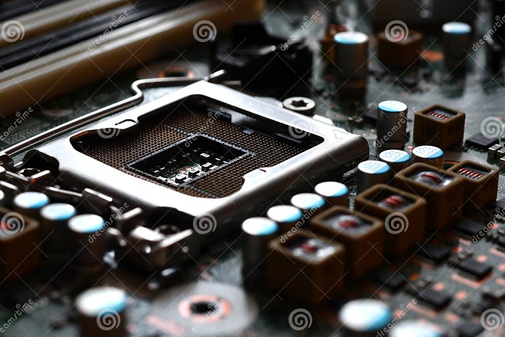 Close-Up of CPU Socket on a Modern Computer Motherboard. Electronic ...