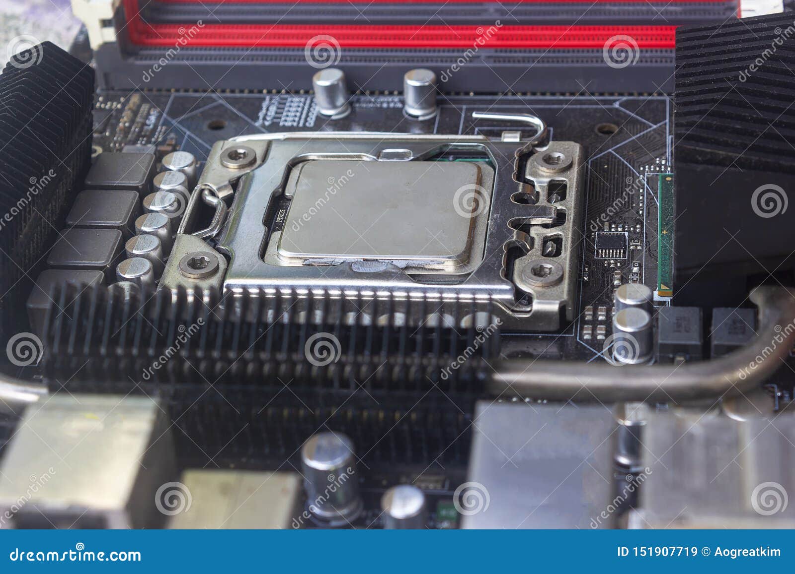 Close Up Cpu Socket On Motherboard Computer Pc With Cpu Processor Stock