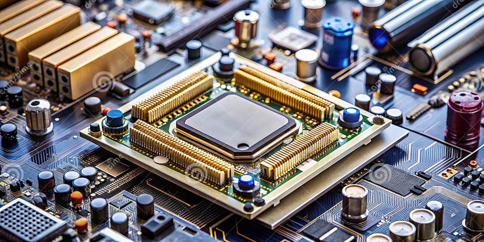 Close-up of a CPU Socket on a Motherboard, Gold, Green, Blue, Microchip ...