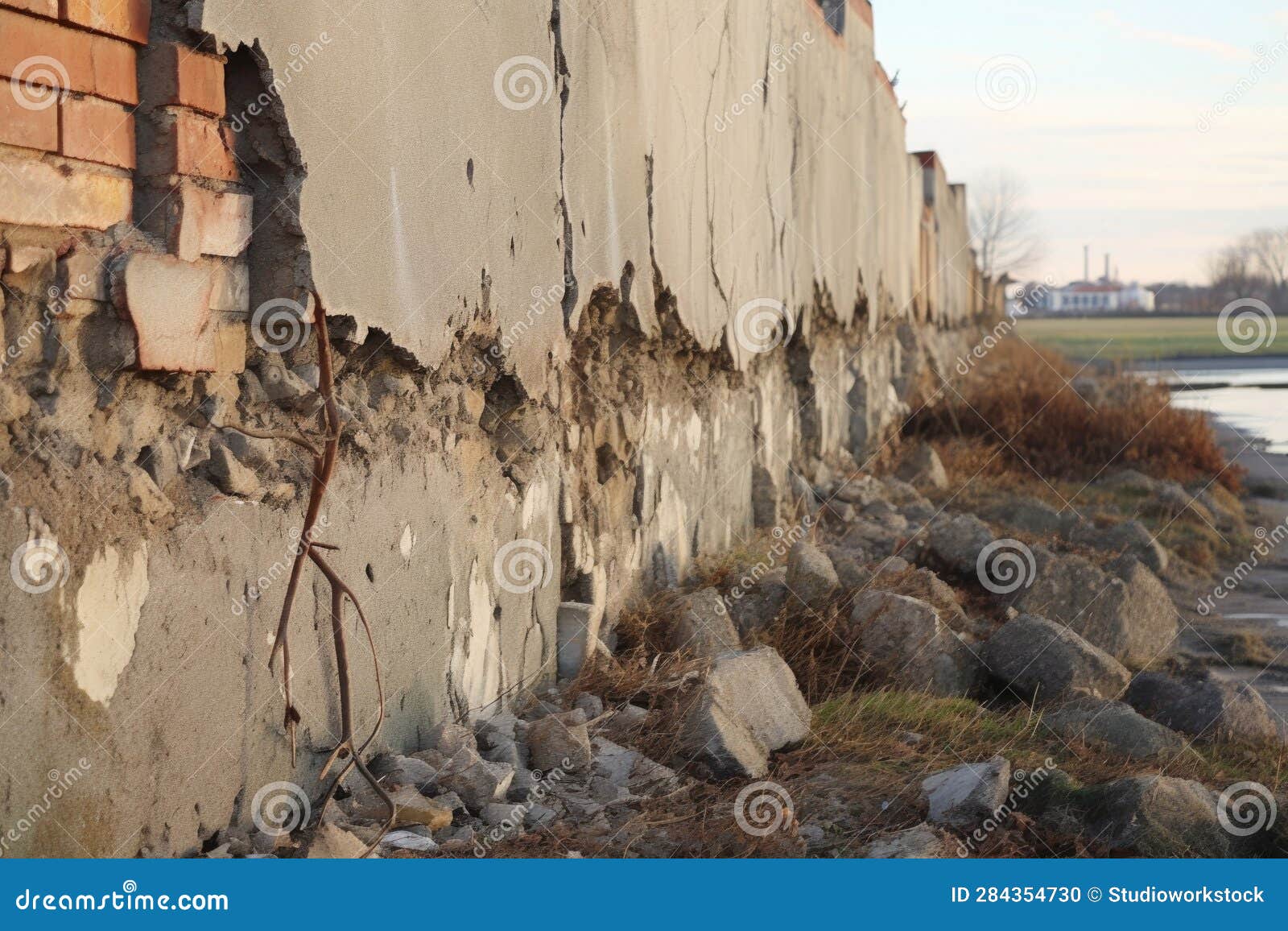 Close-up of Cracked Levee Wall and Repair Materials Stock Illustration ...