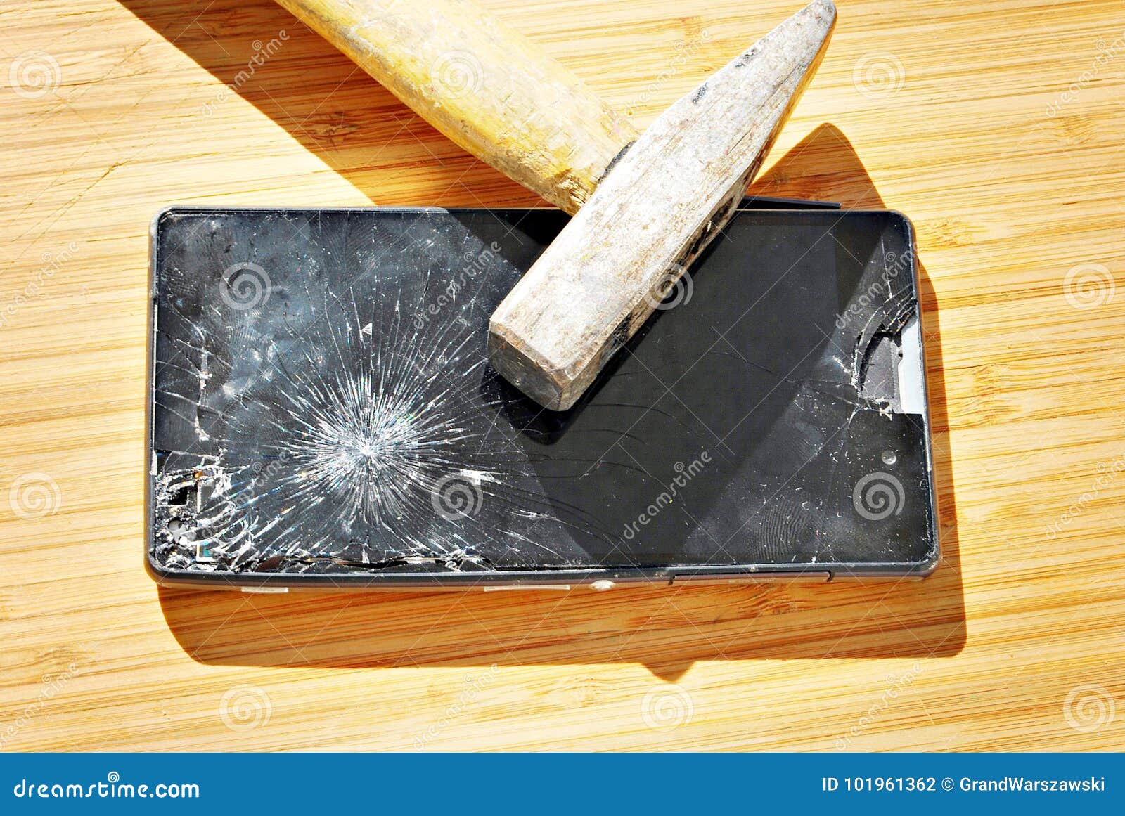 Smashed Phone Screen on a Table with a Hammer Stock Photo - Image of ...