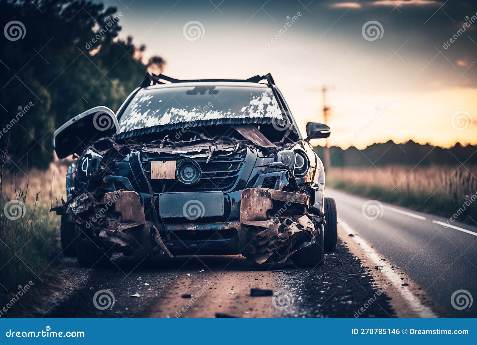 Close-up of a Crashed Car on the Side of the Road in the Countryside ...