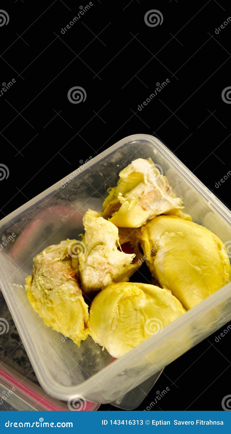 Close Up of Creamy Durian Fruit Inside Plastic Container Isolated in ...