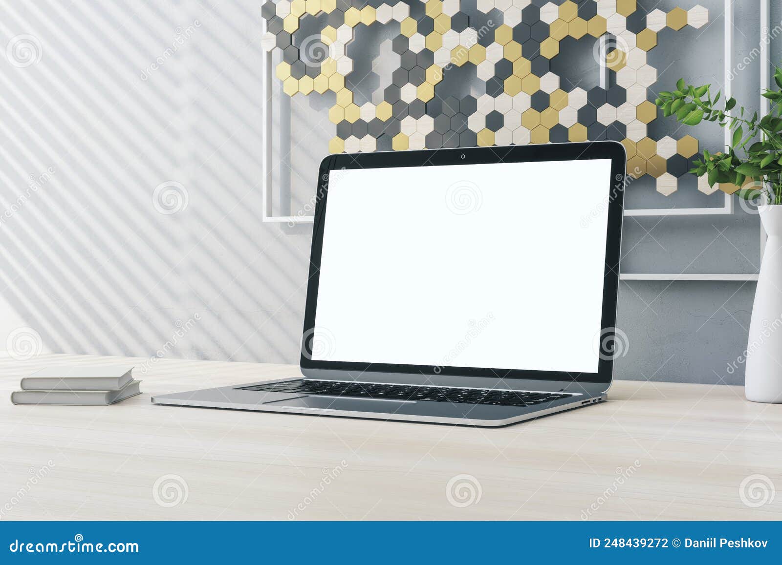 Close Up of Creative Wooden Designer Desktop with Empty White Computer ...