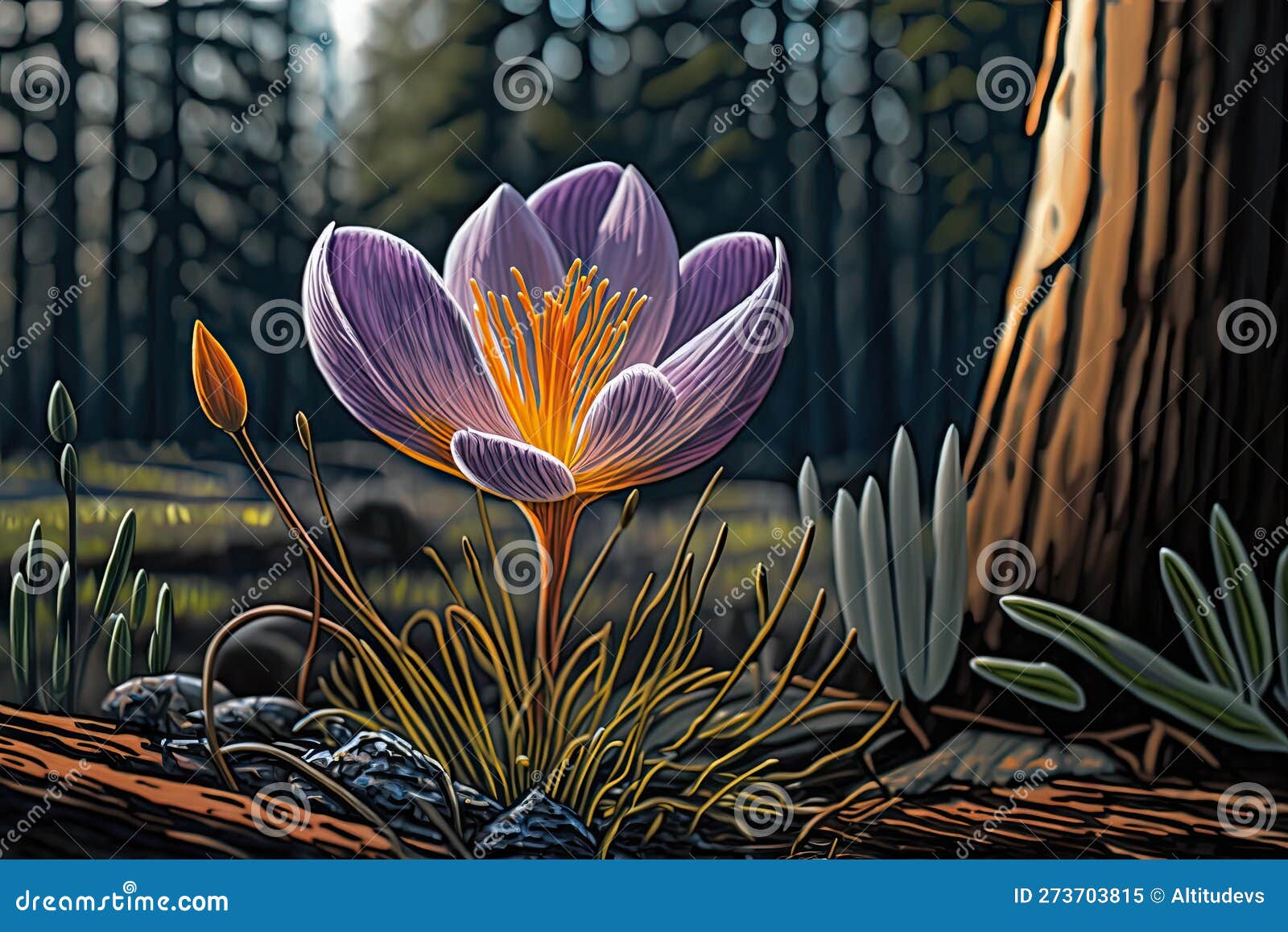 Close-up of Crocus Flower, with a Backdrop of Towering Trees Stock ...