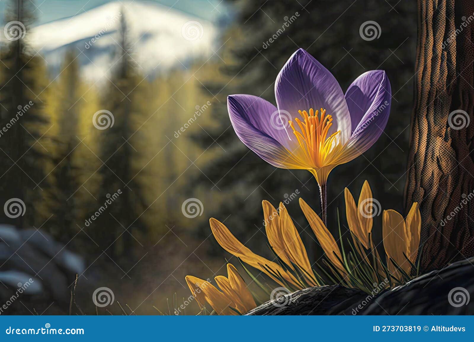 Close-up of Crocus Flower, with a Backdrop of Towering Trees Stock ...