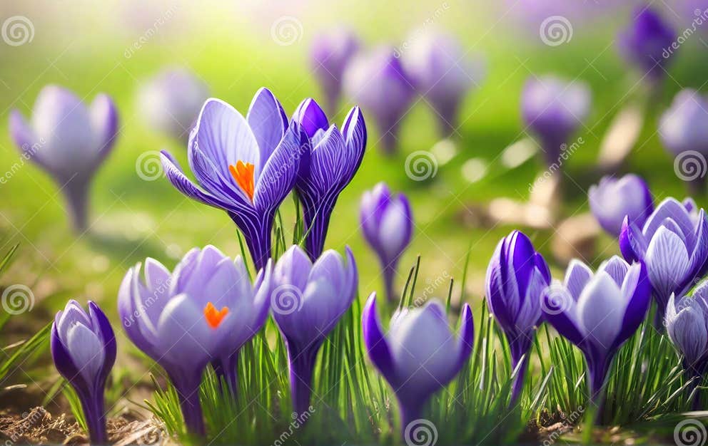 Close-up Crocus Flowers Illuminated by Light Stock Illustration ...
