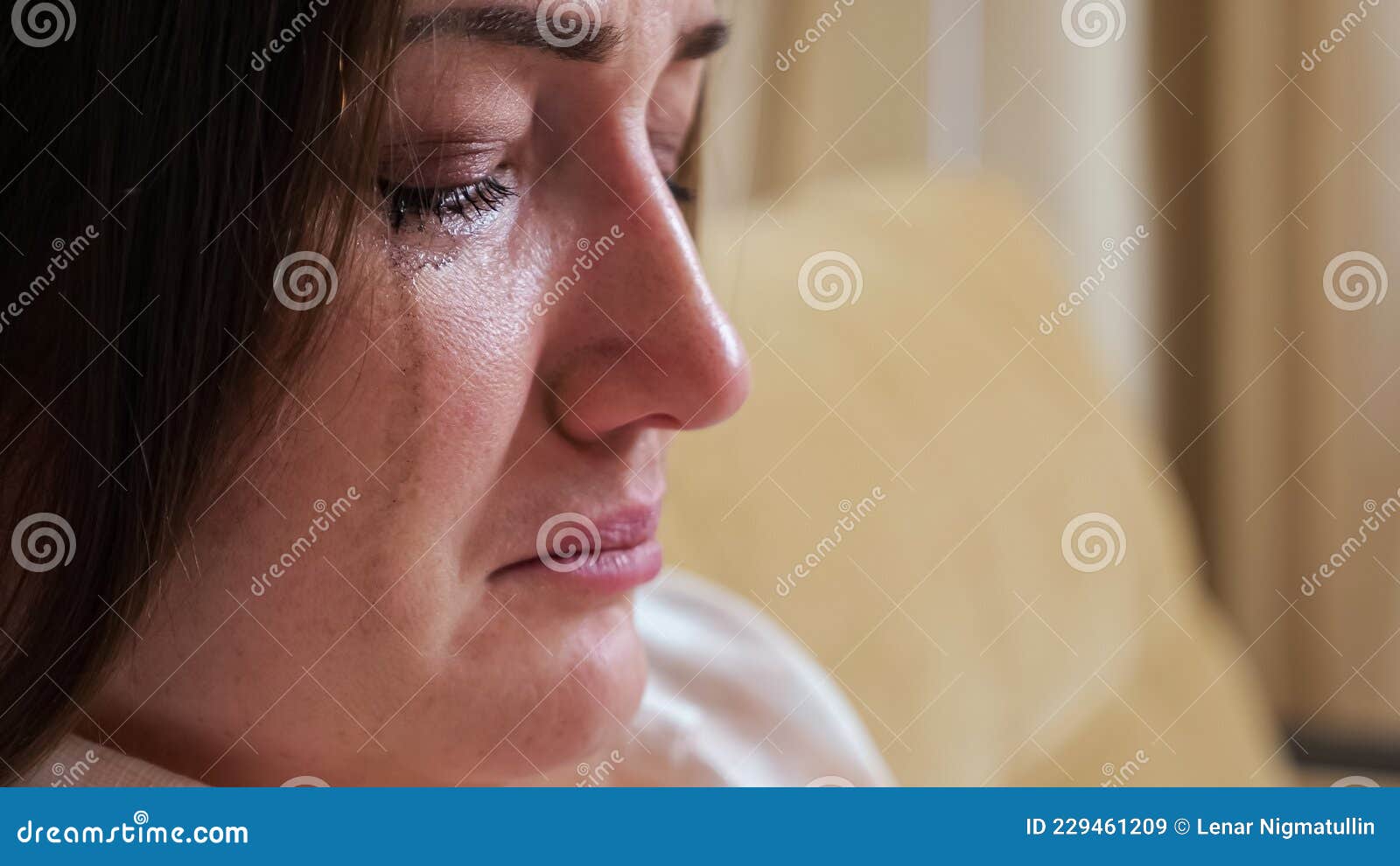 Close-up of a Crying Woman, Blurry Mascara Dripping Down Her Cheeks ...