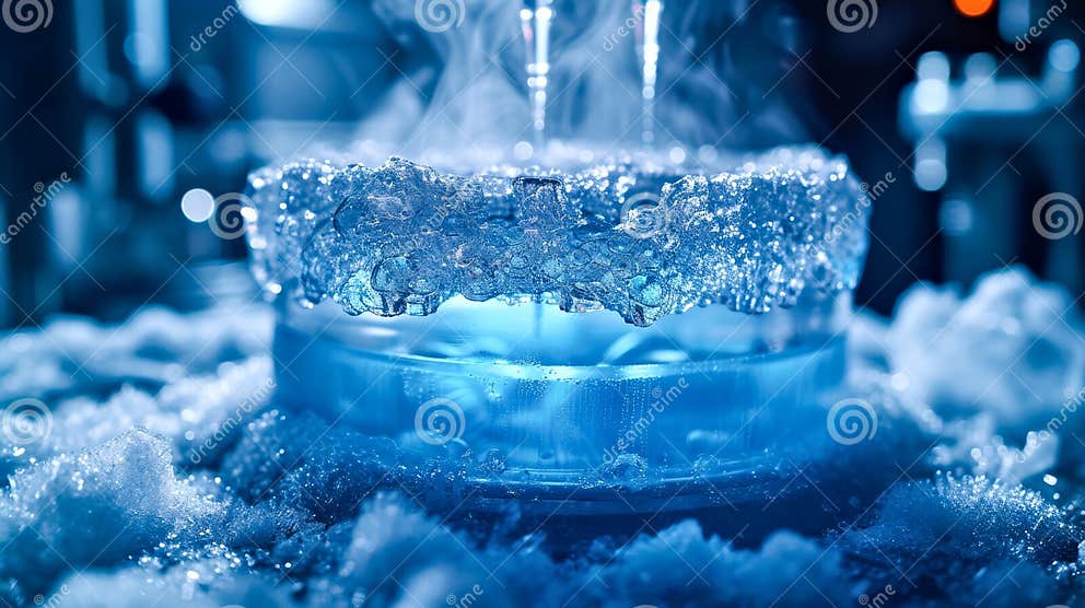 Close-up of a Cryogenic Freezing Process with Ice Forming in a Lab ...