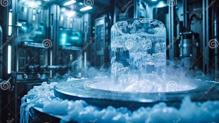 Close-up of a Cryogenic Freezing Process with Ice Forming in a Lab ...