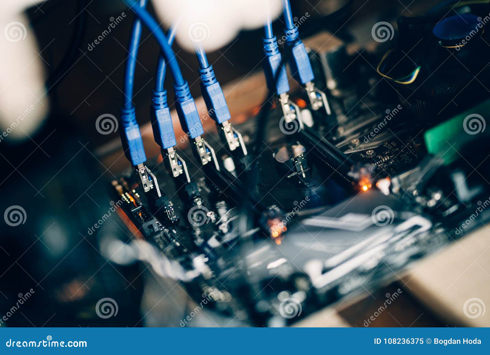 Cryptocurrency Mining Rig, Details of Computer Motherboard and Cables ...