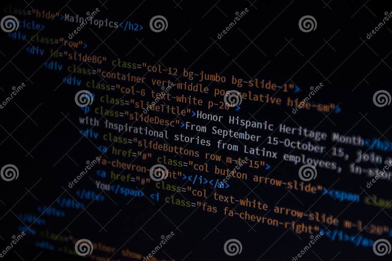 Close Up Css HTML Code on Monitor Screen with Black Background Stock Image - Image of button ...