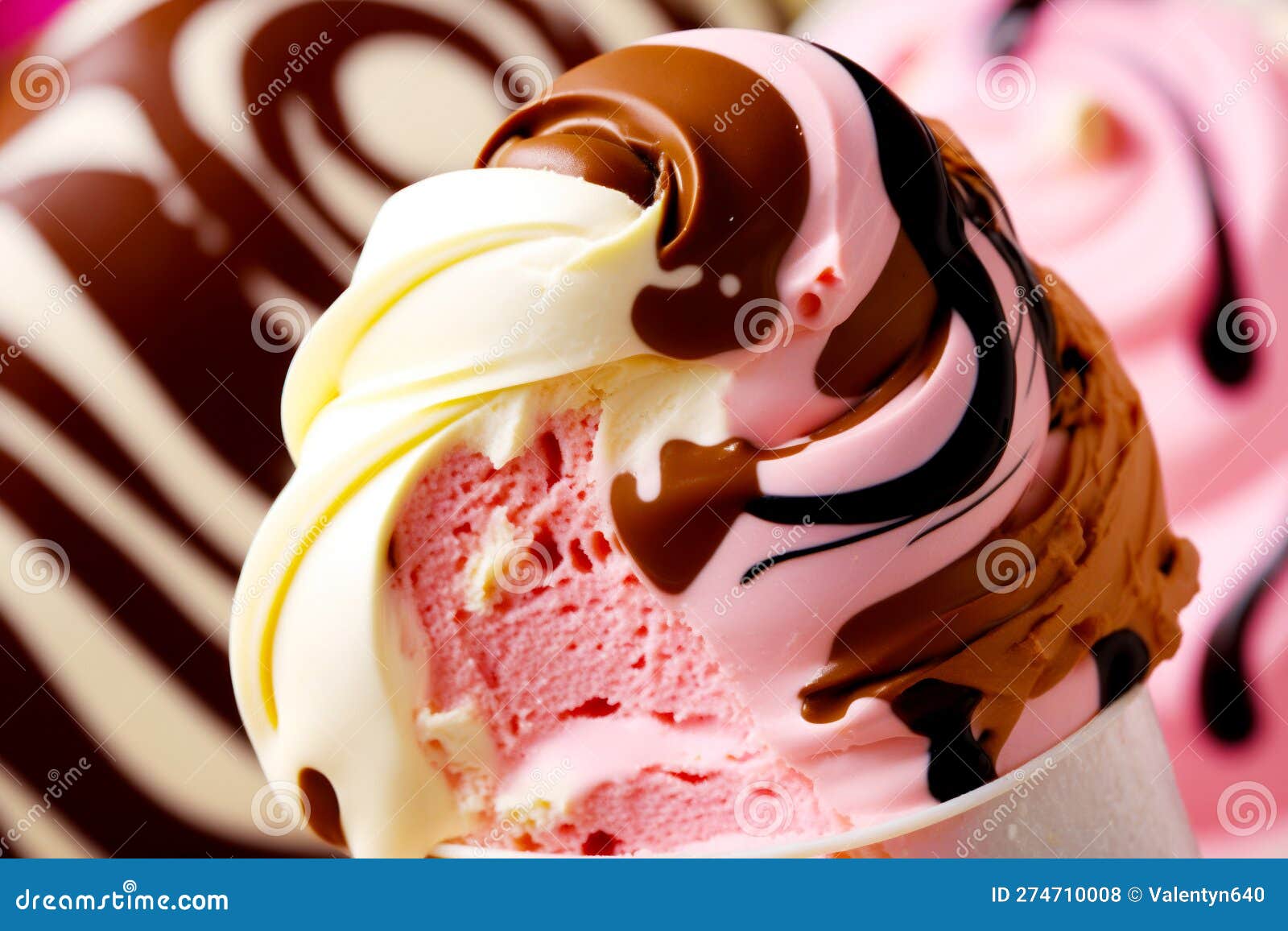 Close Up of Cup of Ice Cream with Chocolate and Pink Icing. Generative ...