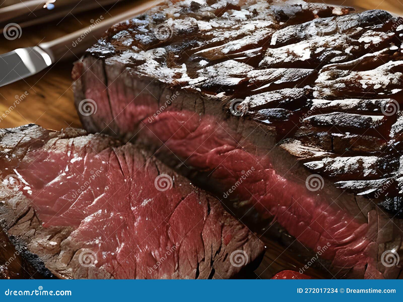 Rare Steak Being Cooked On An Iron Grill, Flam Broiled Stock ...