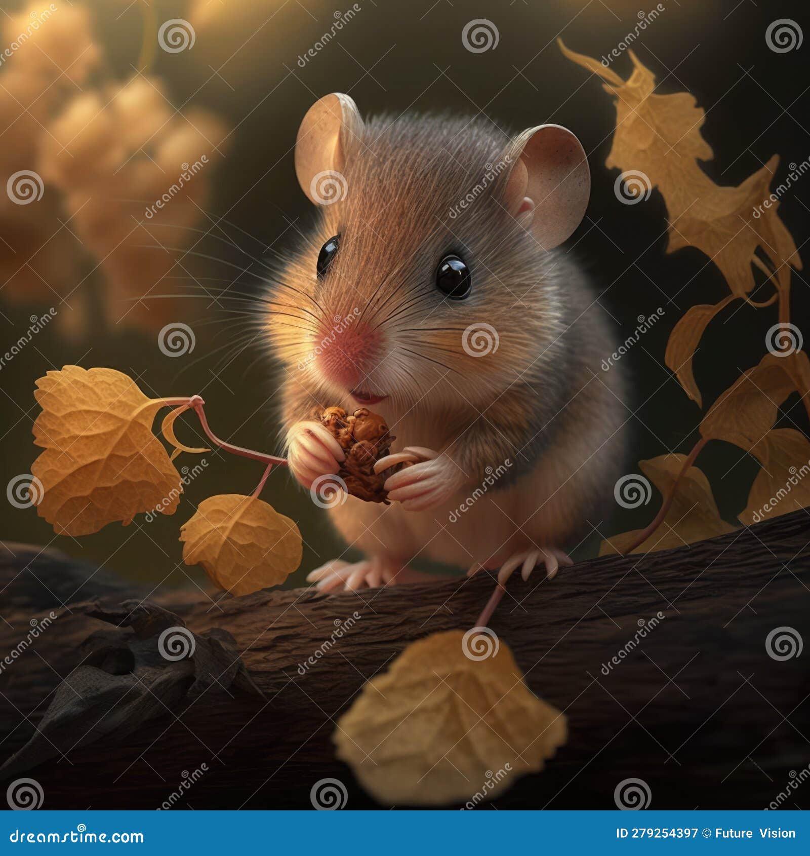 Close Up of Cute Grey Mouse Standing on Tree Branch, Created Using ...