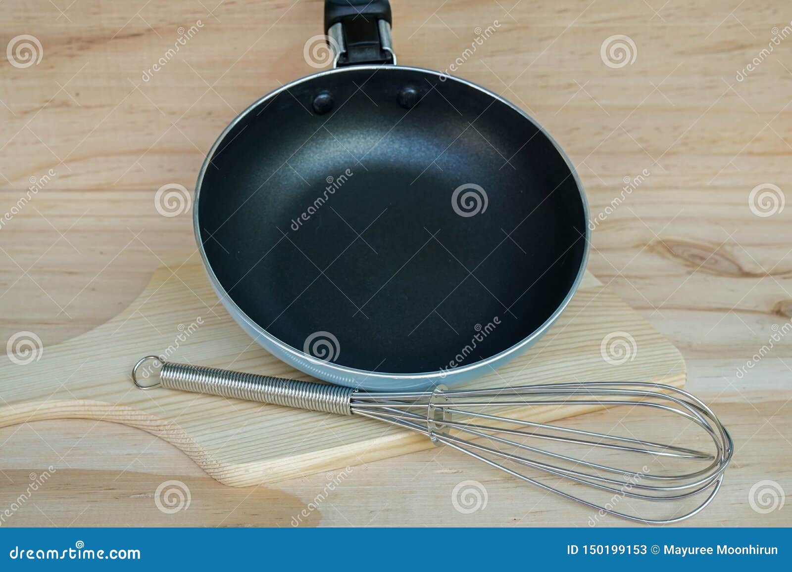 Cute Pan and Egg Breaker on Wooden Background for Kitchenware Stock ...
