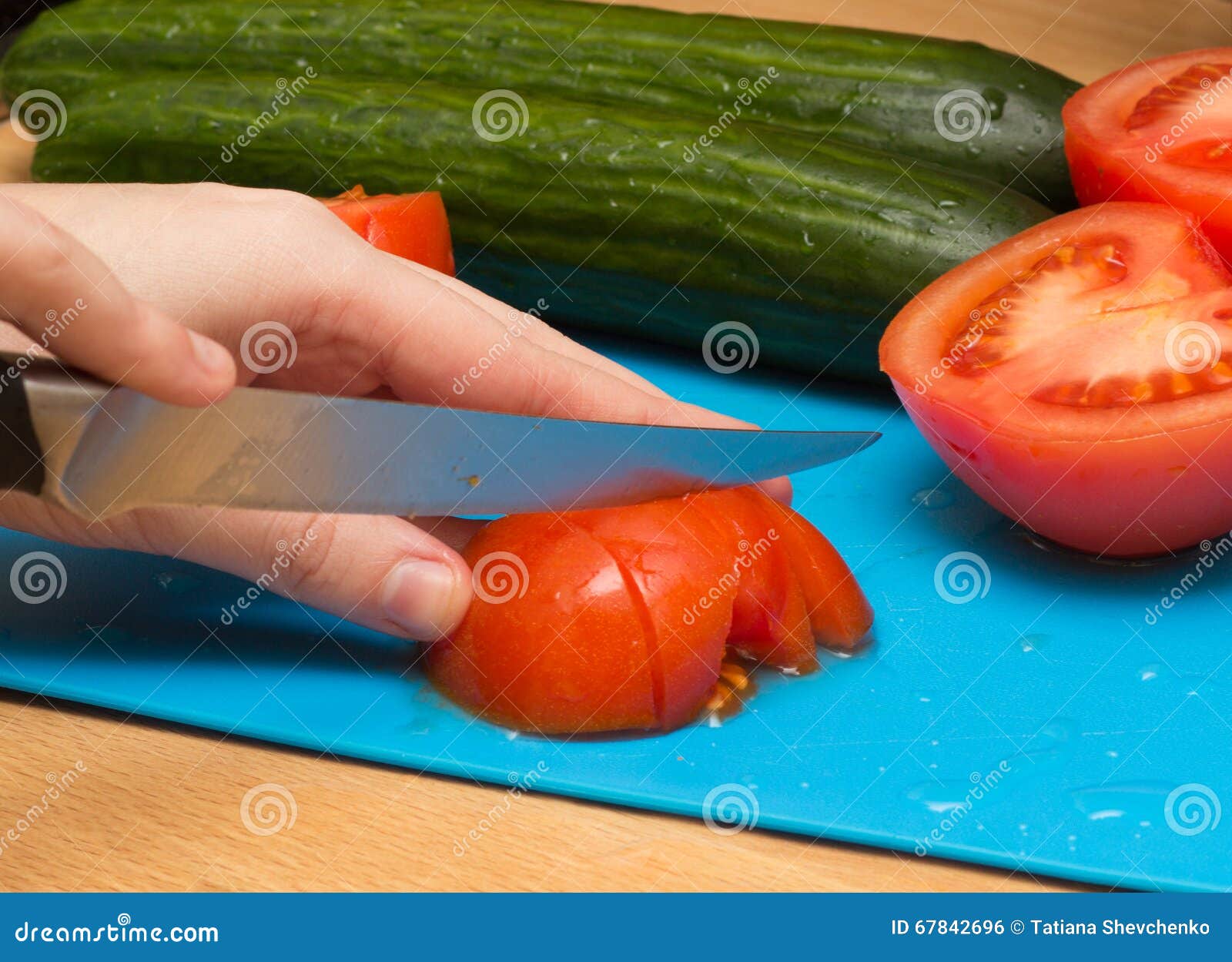 Close Up of Cutting Fresh Tomatoes and Cucumbers Stock Photo - Image of ...