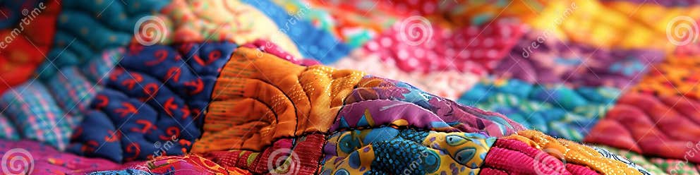 Closeup of a 3D Patchwork Quilt with Vibrant Patterns Creating a Homely ...