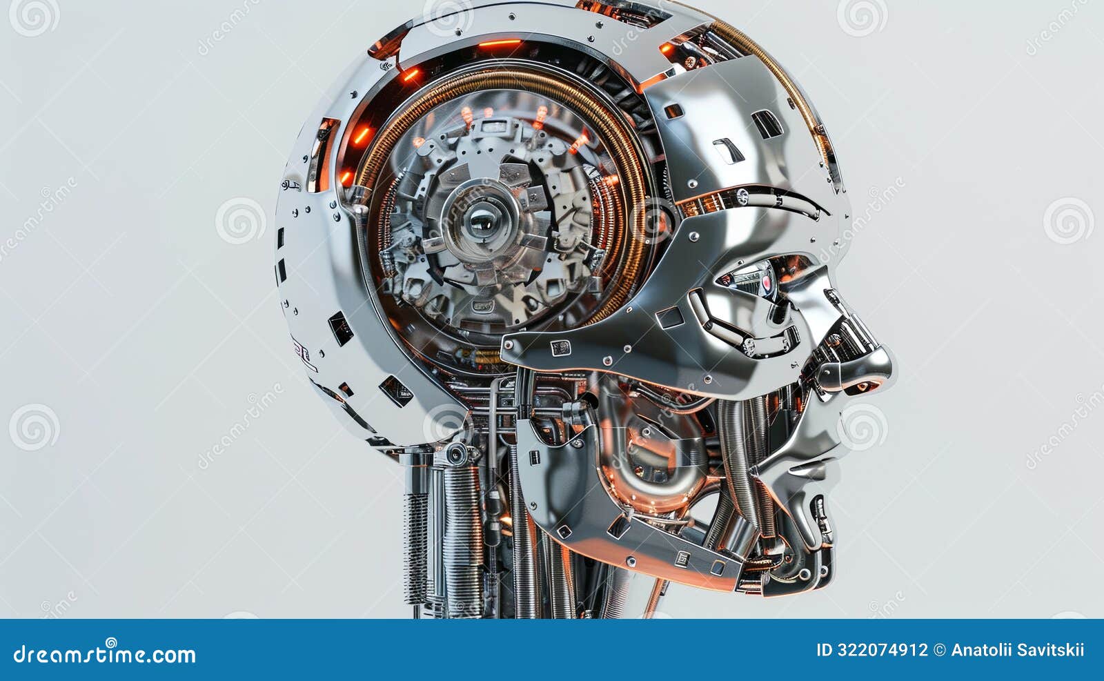 A Close-up 3D Render of a Chrome Robot Head with a Visible Digital ...