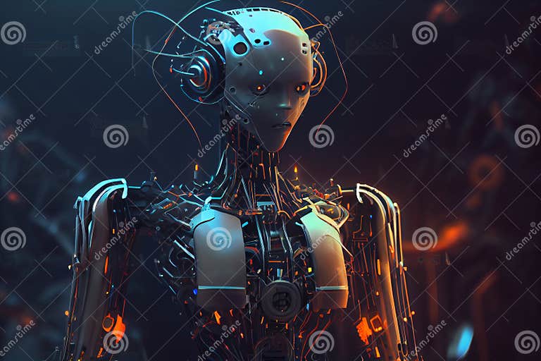 Close-up 3D Rendering Portrait of a Humanoid Robot Looking Ahead and ...