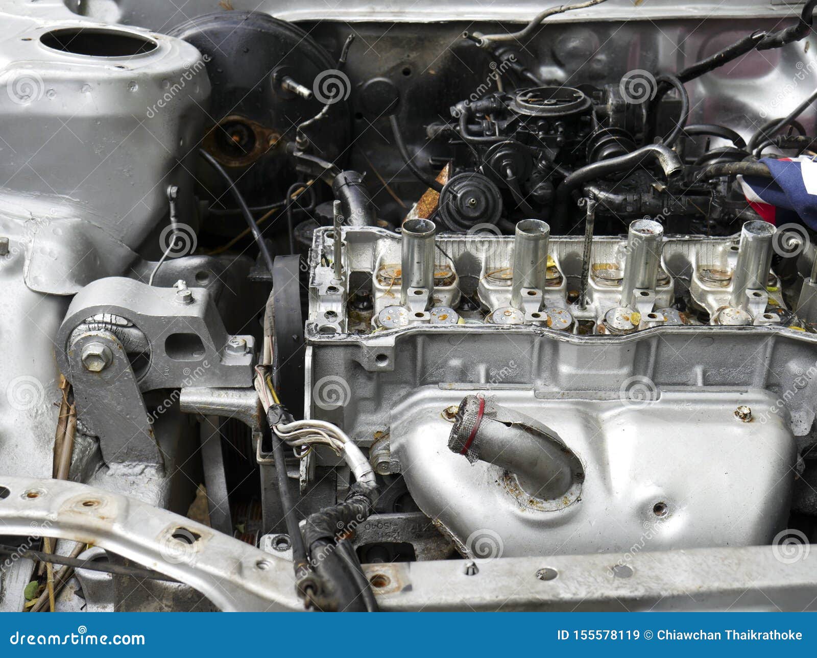 Close-up Damage Engine of Old Car in the Car Cemetery Stock Image ...