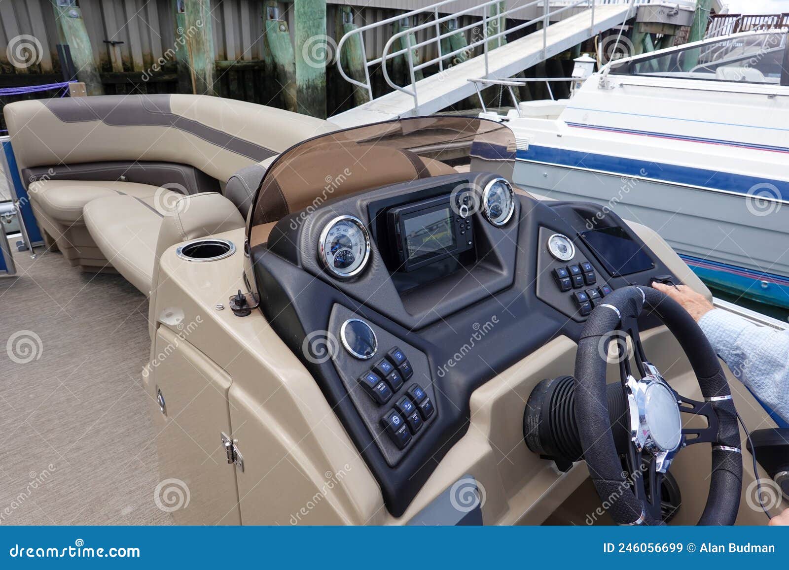 Close Up of the Dashboard Control Panel and Steering Wheel of a Boat ...