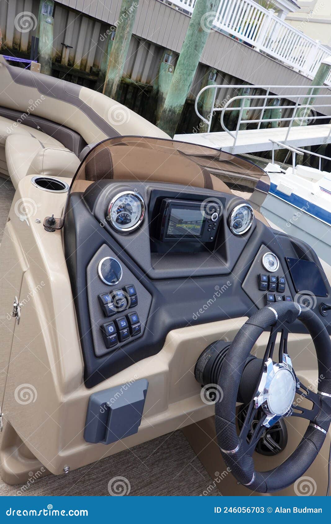 Close Up of the Dashboard Control Panel and Steering Wheel of a Boat ...