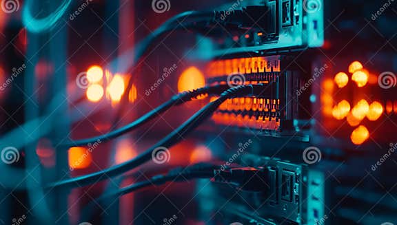 Close-up of Data Server Rack with Network Cables and LED Lights Modern ...