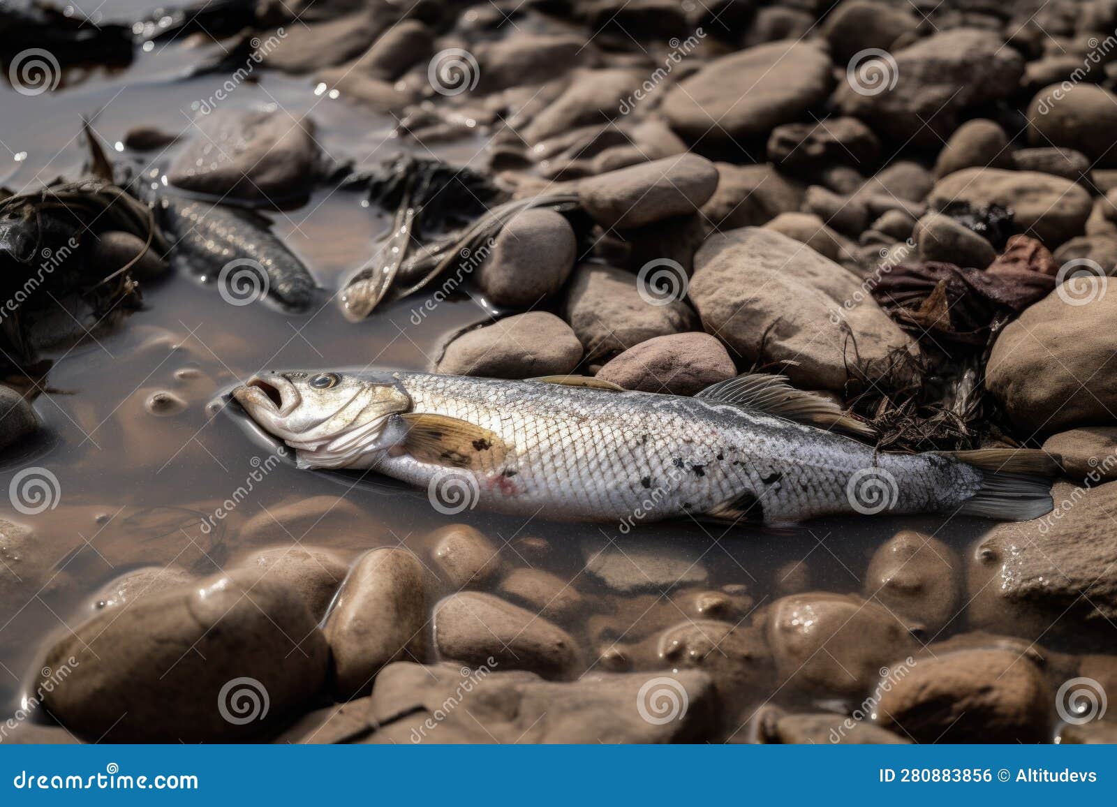 Close-up of Dead Fish on the Riverbed, Killed by Toxic Runoff Stock ...