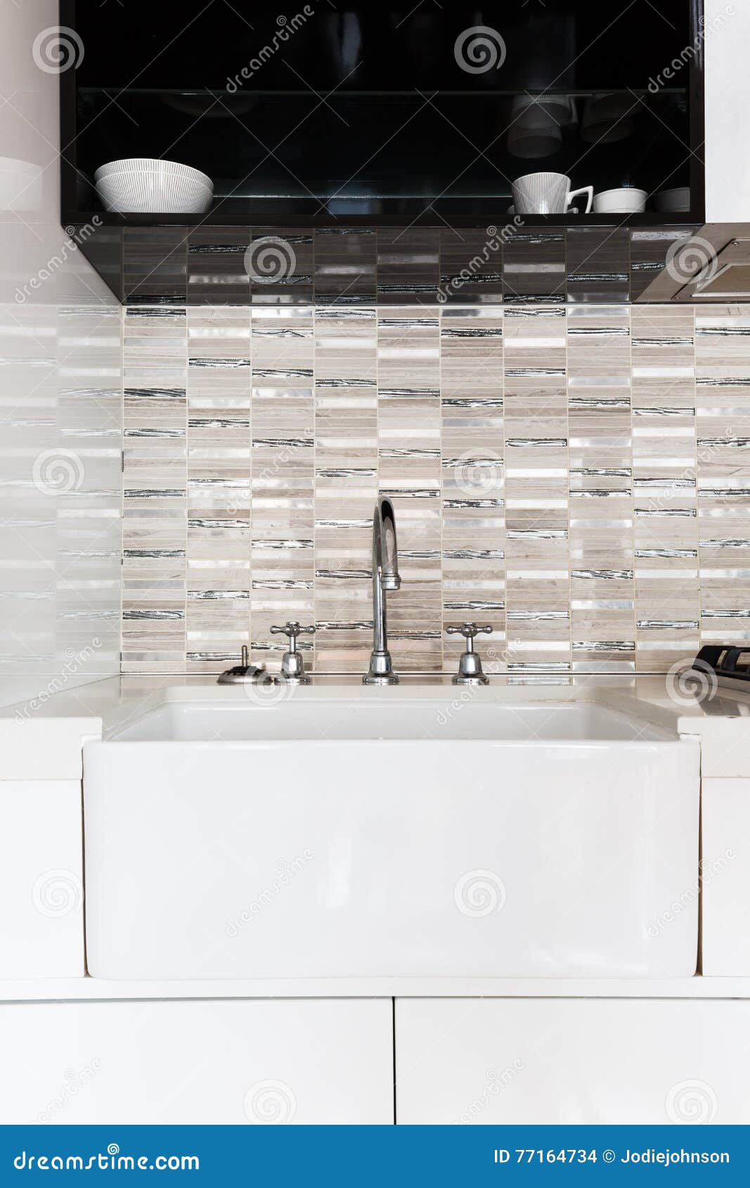 Close Up of a Deep White Kitchen Sink and Tiled Splashback Stock Photo ...