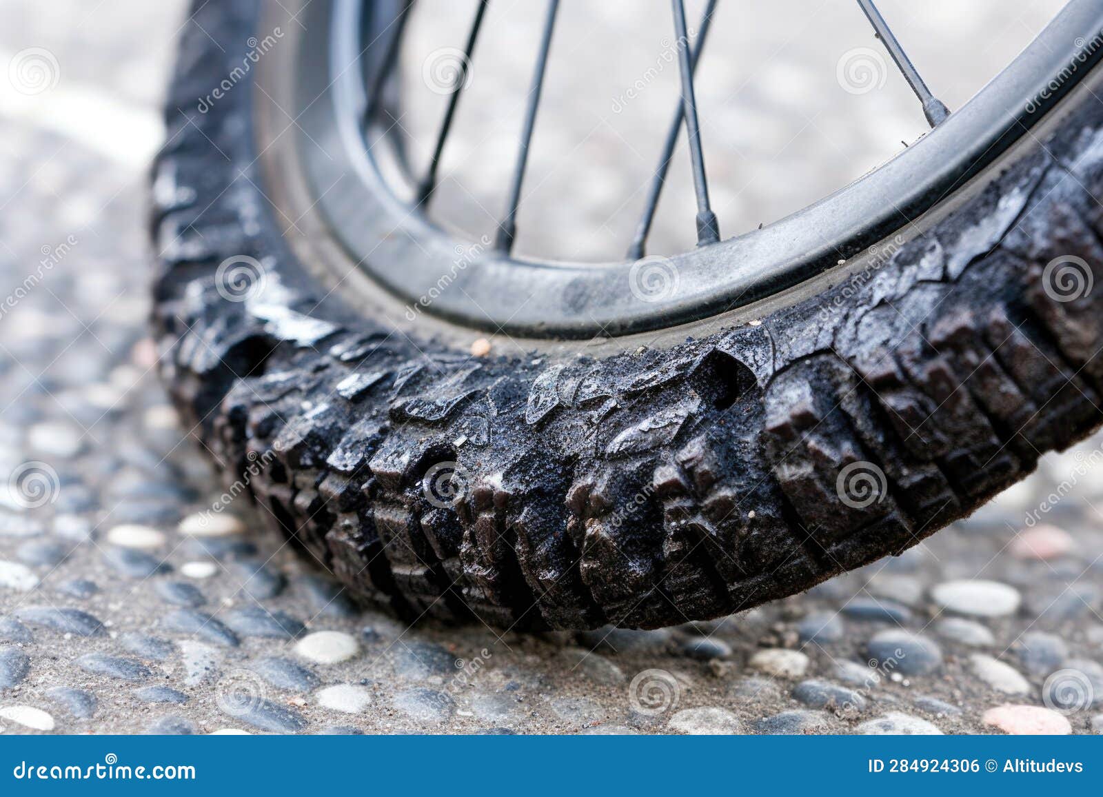 Close-up of Deflated Bicycle Tire with Visible Puncture Hole Stock ...