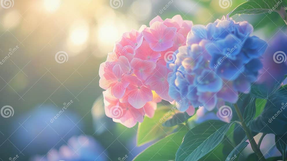 Close-up of Delicate Pink and Blue Hydrangeas in Sunlight Stock ...