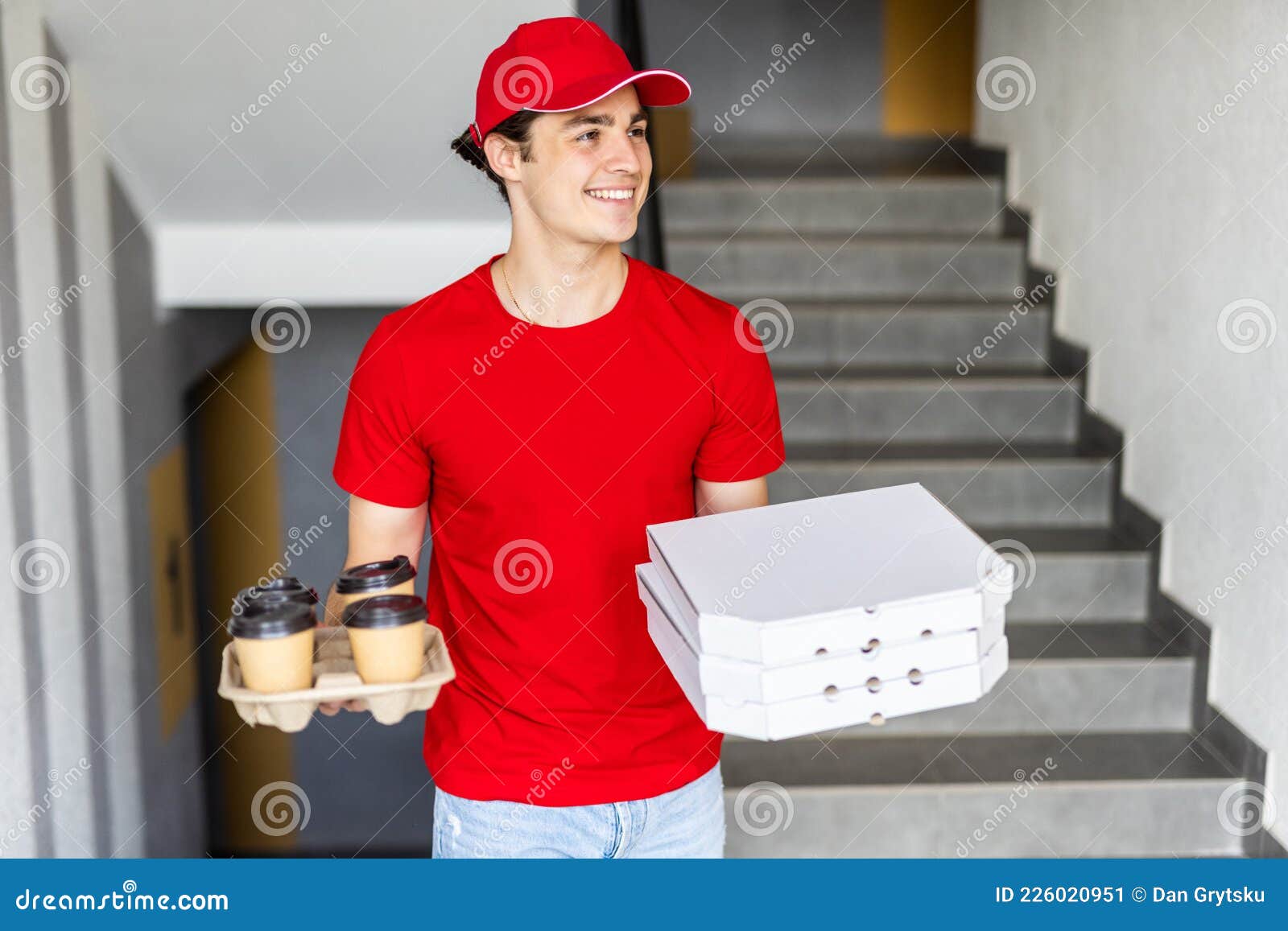 Close Up Delivery Boy Give Order To Customer. Pizza and Coffee Devilery ...