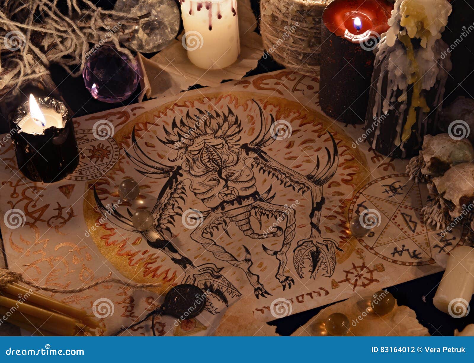 Close Up of Demon Drawing on Old Parchment and Magic Ritual Objects ...