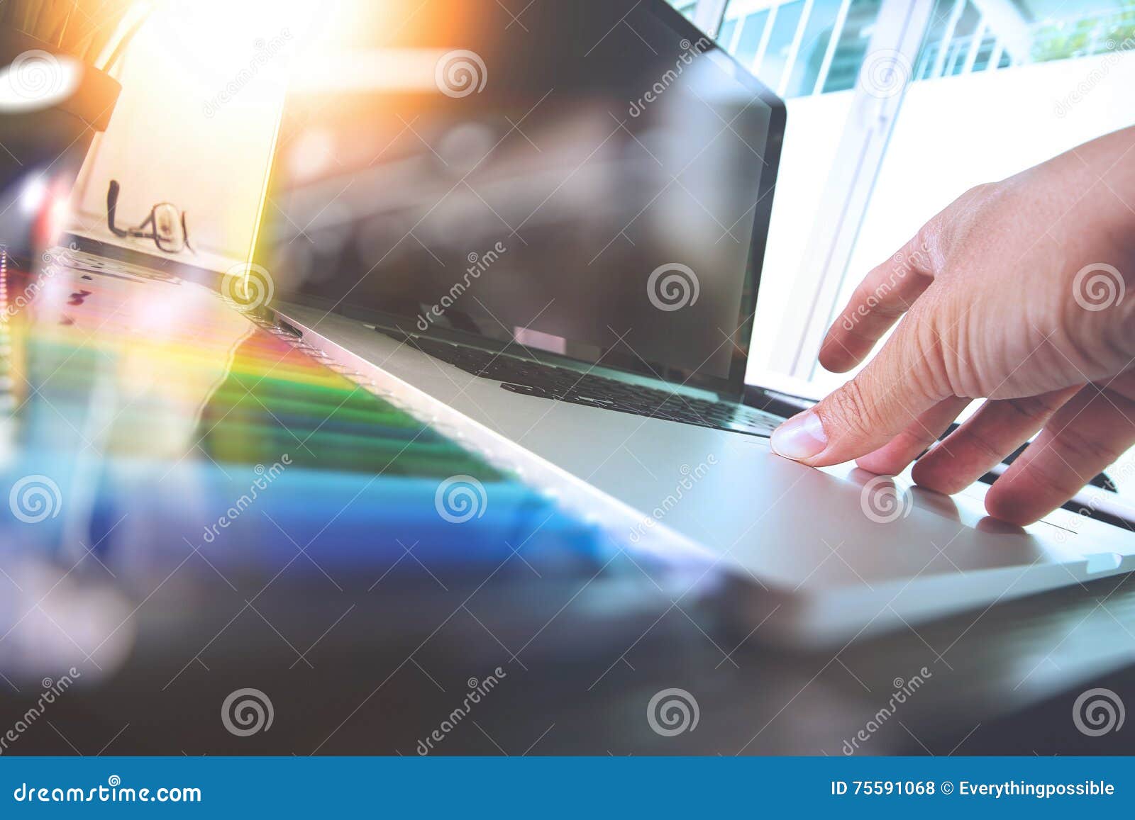 Close Up of Designer Hand Working with Laptop Computer on Wooden Stock ...