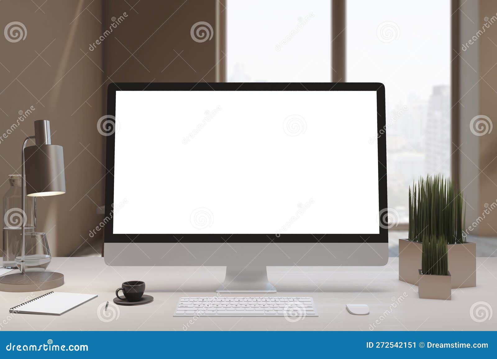 Close Up of Designer Office Desktop with Empty White Computer Screen ...