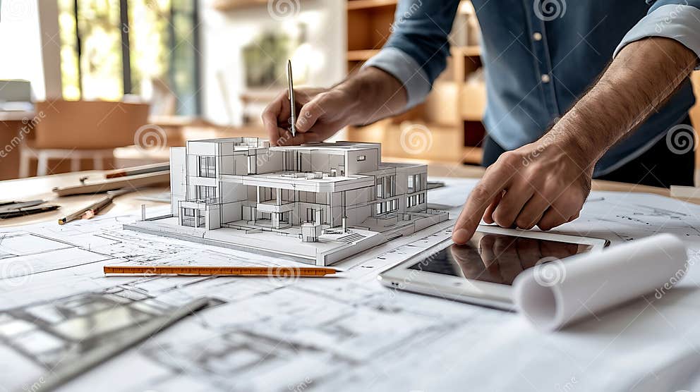 A Close-up of a Designer’s Hands Working on an Architectural Plan with ...